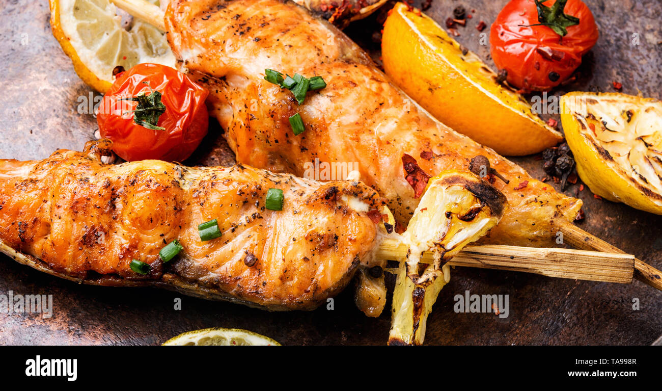 Barbecue salmon kebab skewers hi-res stock photography and images - Alamy