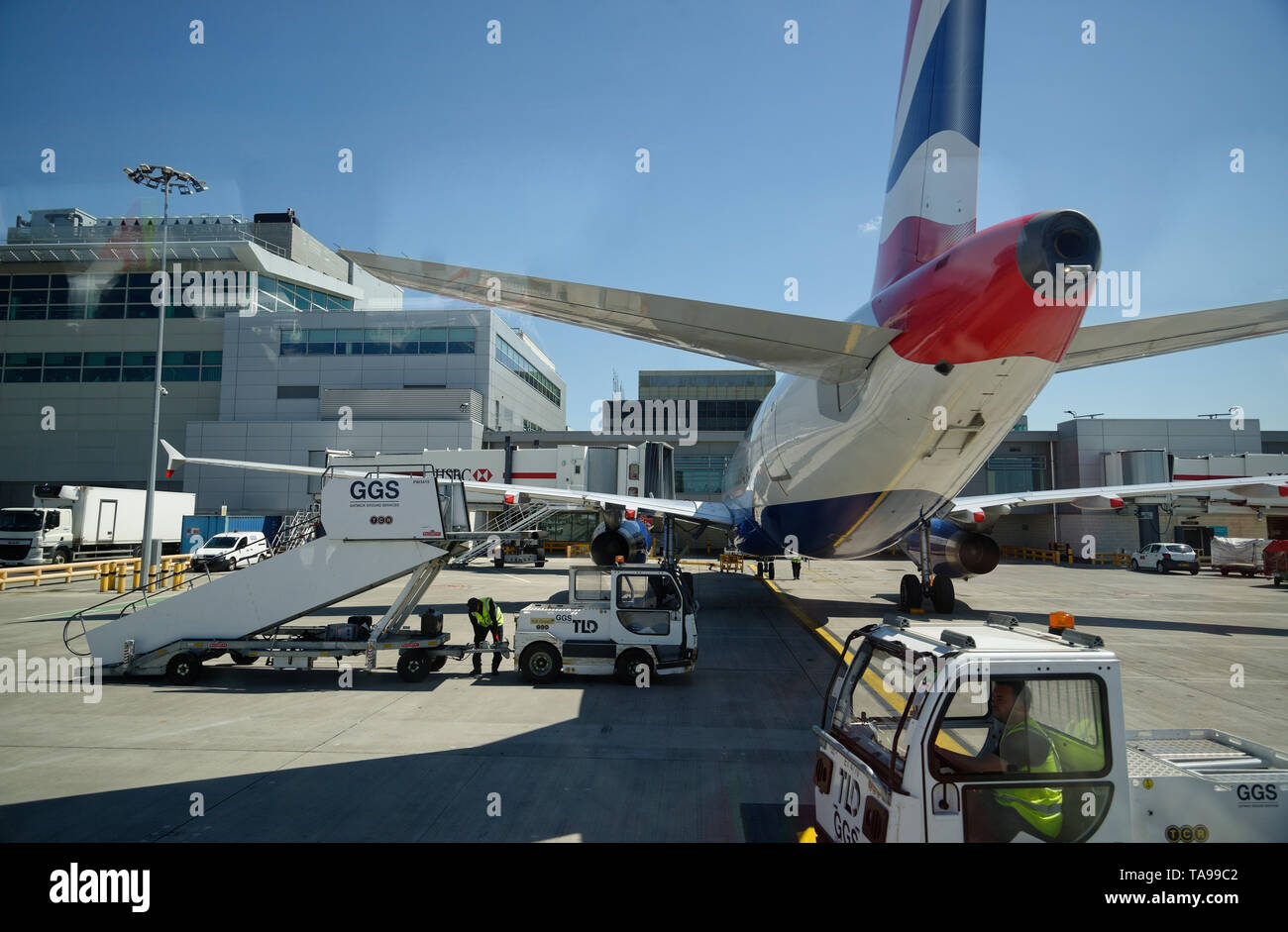 Aircraft at Gatwick Airport. Steps being moved into position for ...