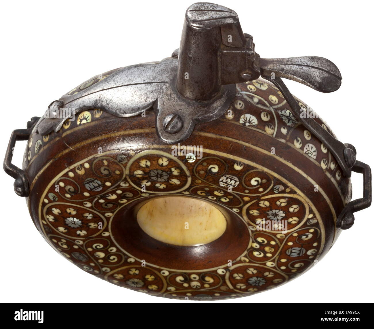 A Bohemian powder flask with bone and mother-of-pearl inlays, 1st half ...