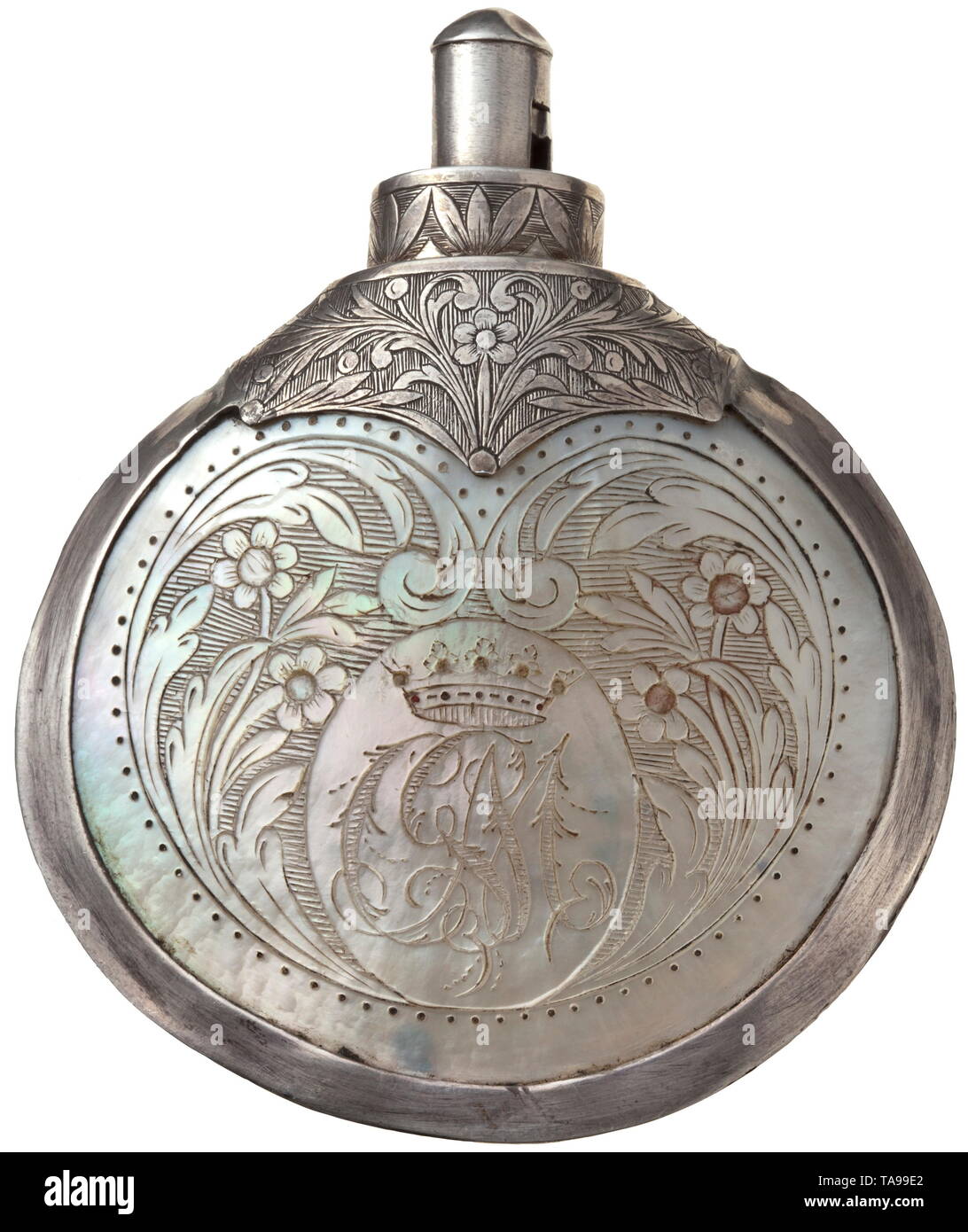 A North German or Dutch silver-mounted mother-of-pearl priming flask ...