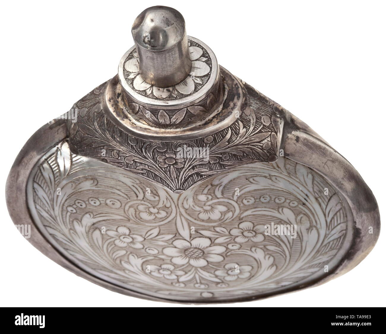 A North German or Dutch silver-mounted mother-of-pearl priming flask ...
