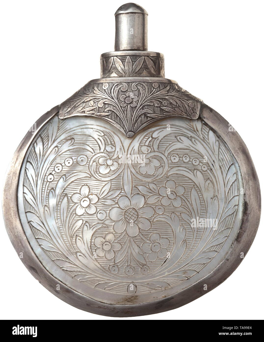 A North German or Dutch silver-mounted mother-of-pearl priming flask ...