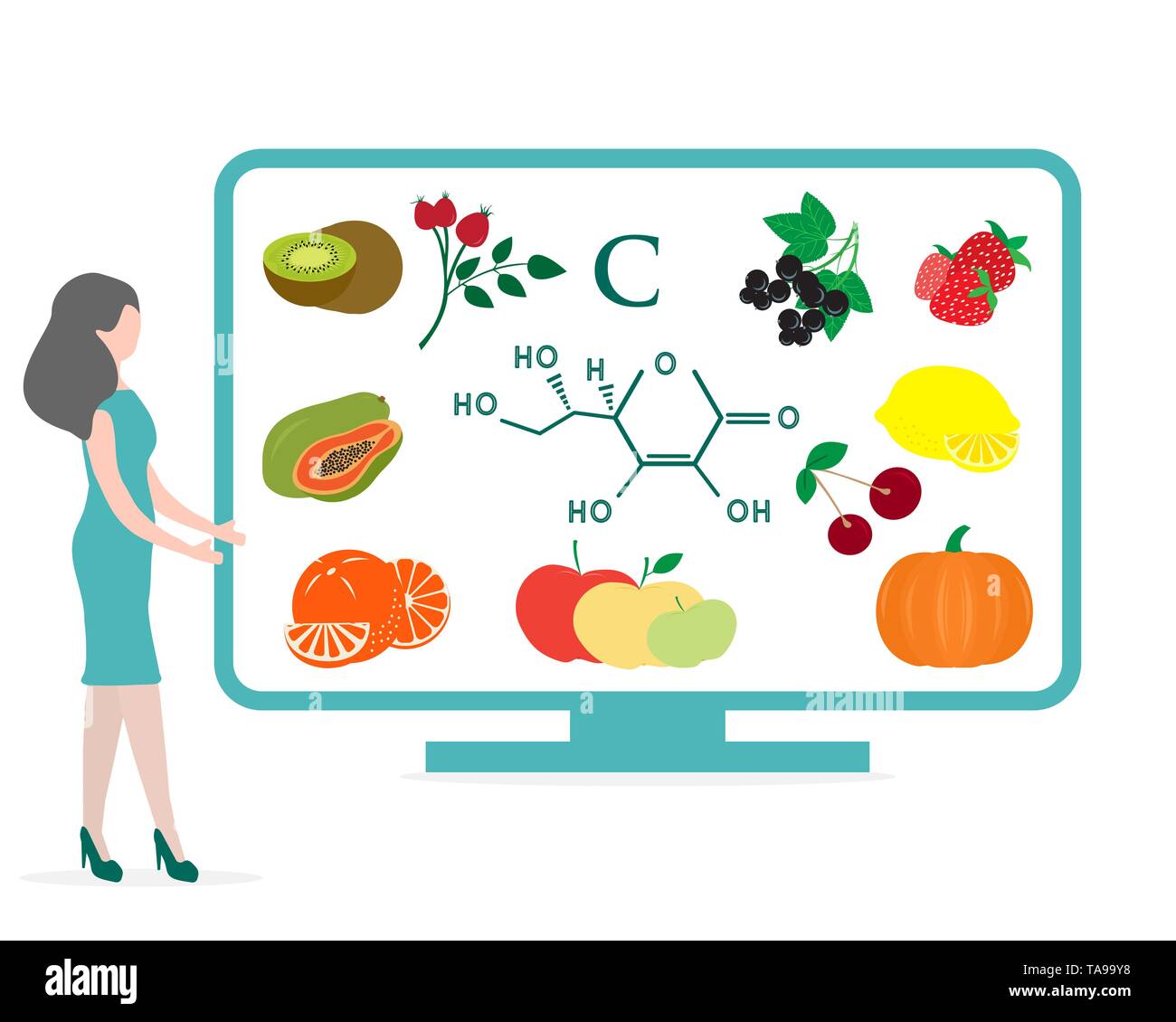 Vector illustration with woman and display showing healthy foods rich ...