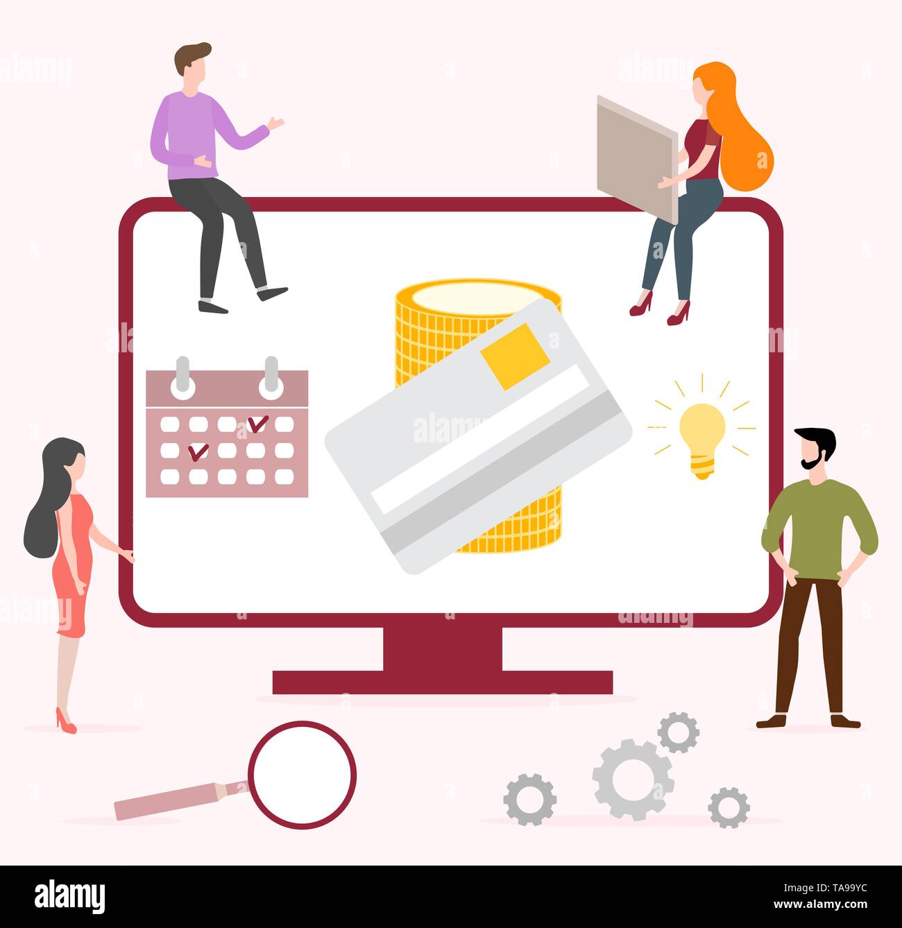 Vector illustration with people using online banking service. Growth of ...