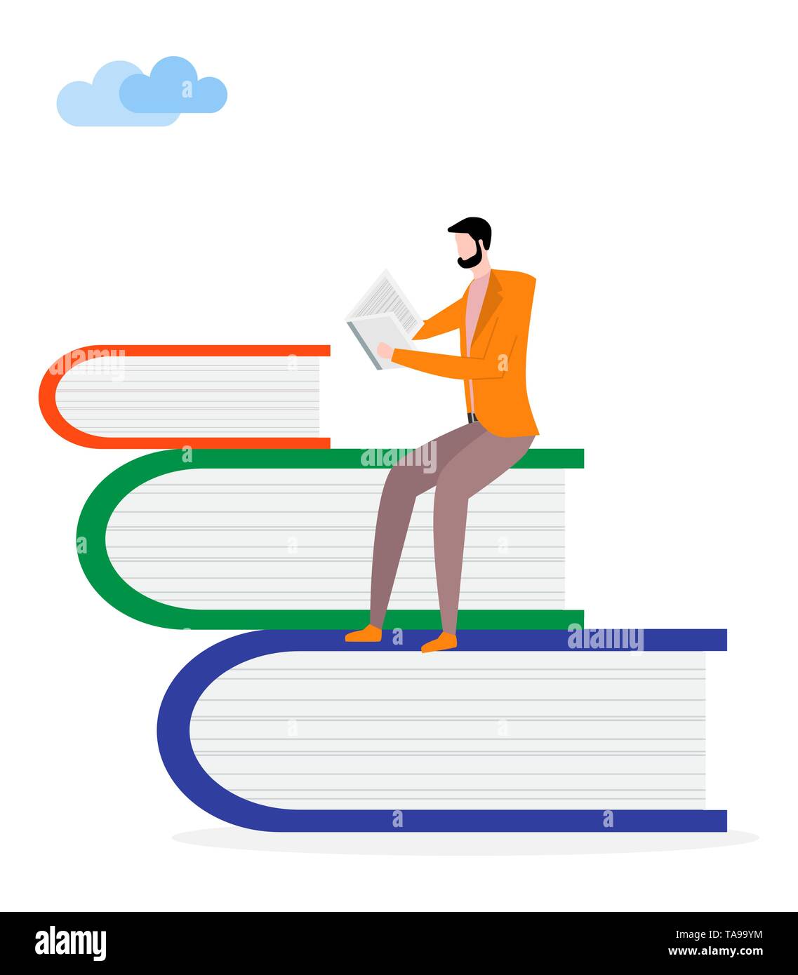 Vector illustration with man and books. Male reader, stack of giant ...