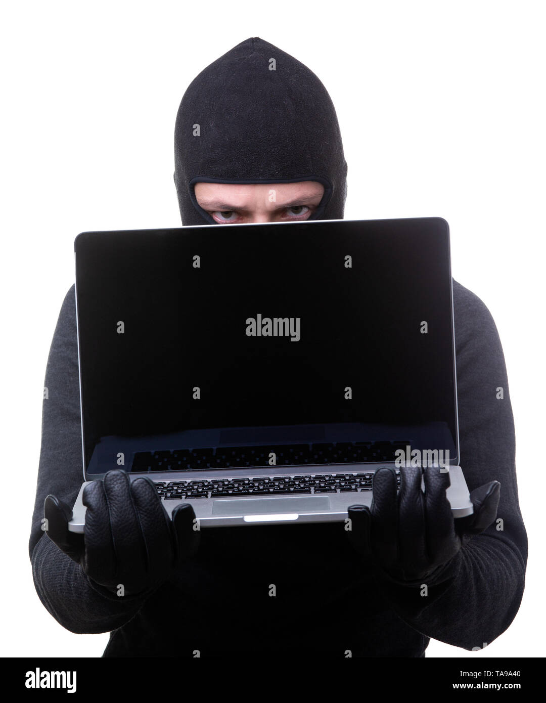 Photo of thief with laptop with black blank screen Stock Photo - Alamy