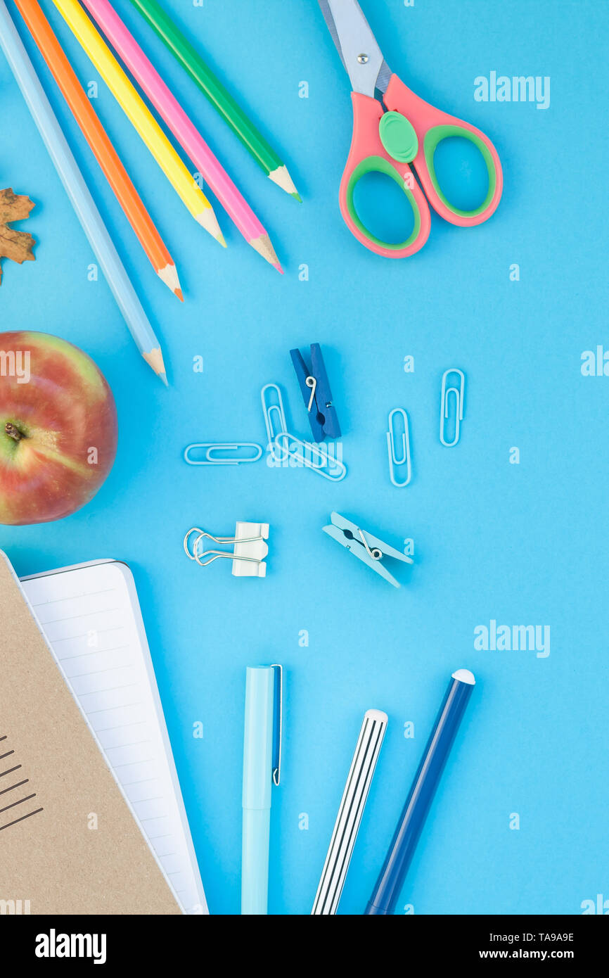 Creative flat lay top view back to school concept with color school and ...