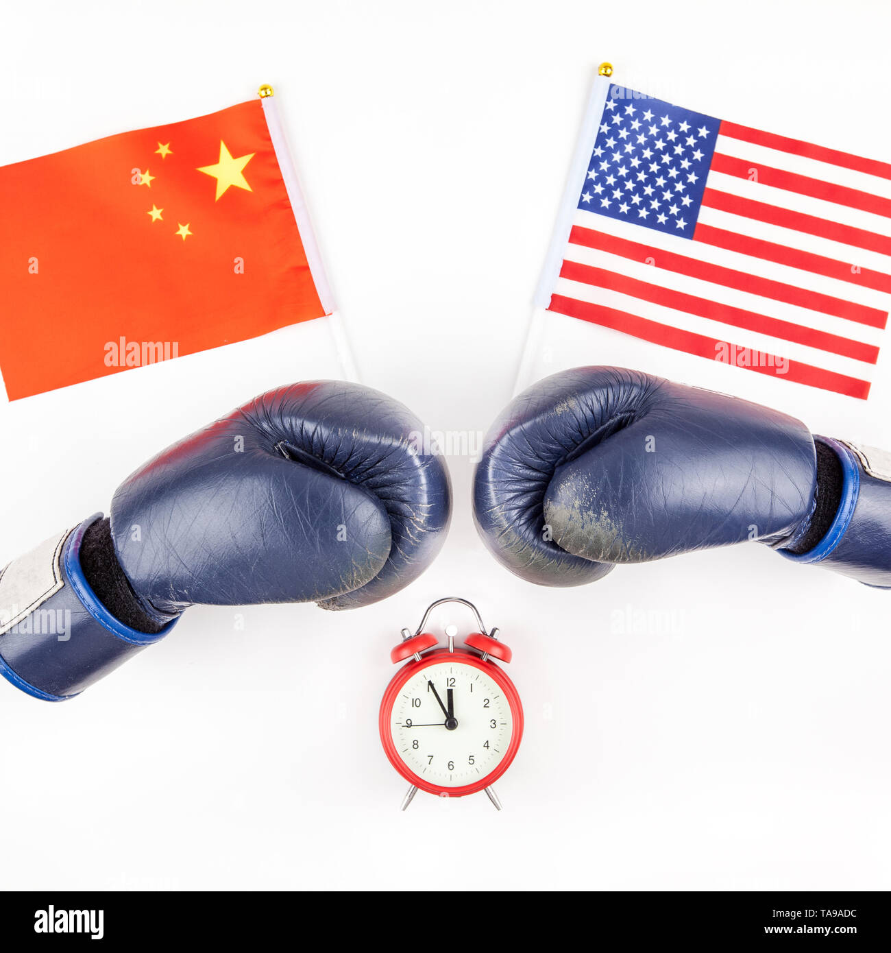 Creative top view flat lay of Two boxing gloves with China and USA flag ...