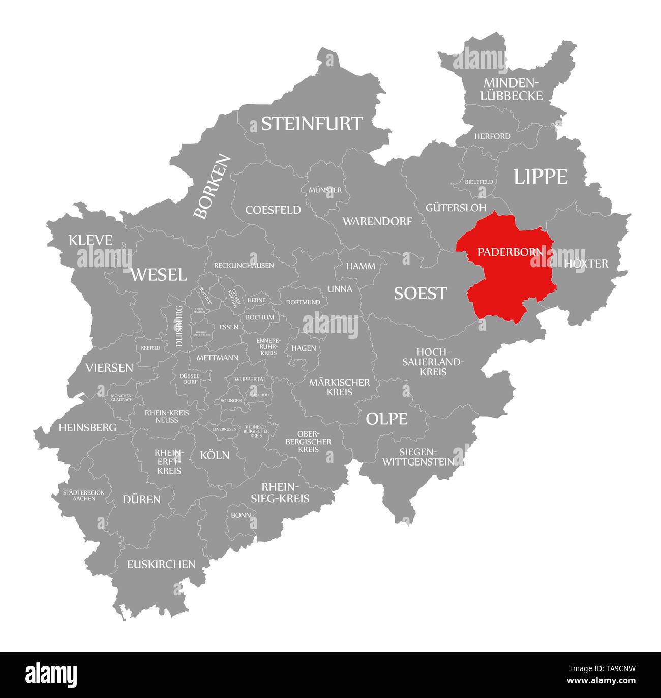Paderborn red highlighted in map of North Rhine Westphalia DE Stock ...