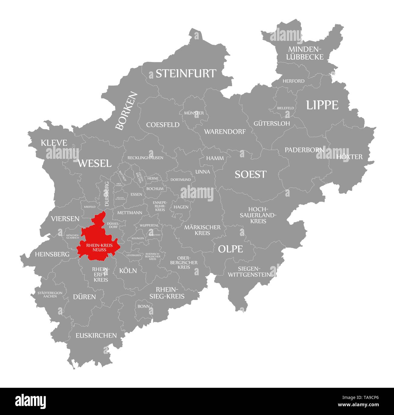 Rhein Kreis Neuss red highlighted in map of North Rhine Westphalia DE ...