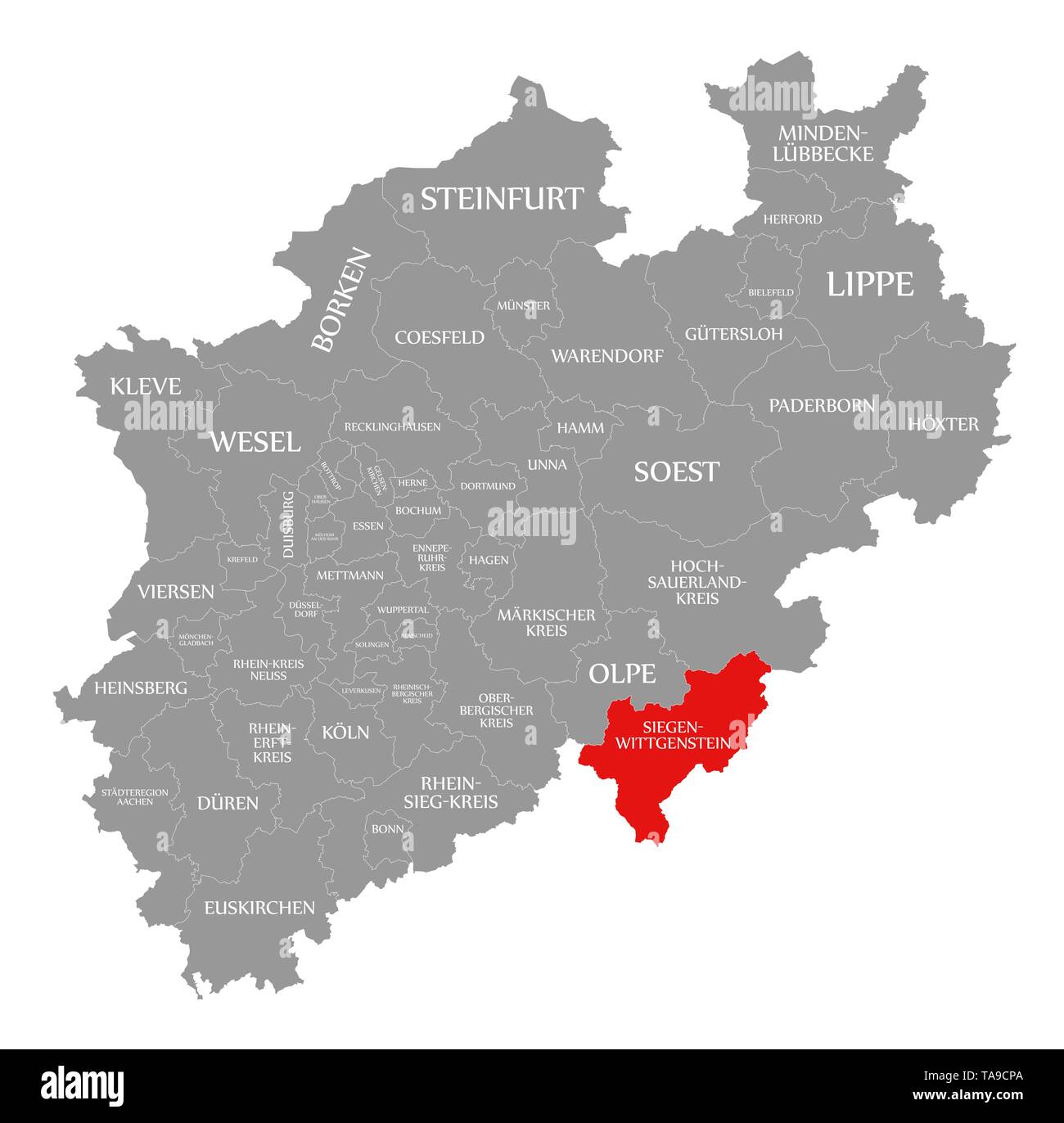 Siegen Wittgenstein county red highlighted in map of North Rhine ...