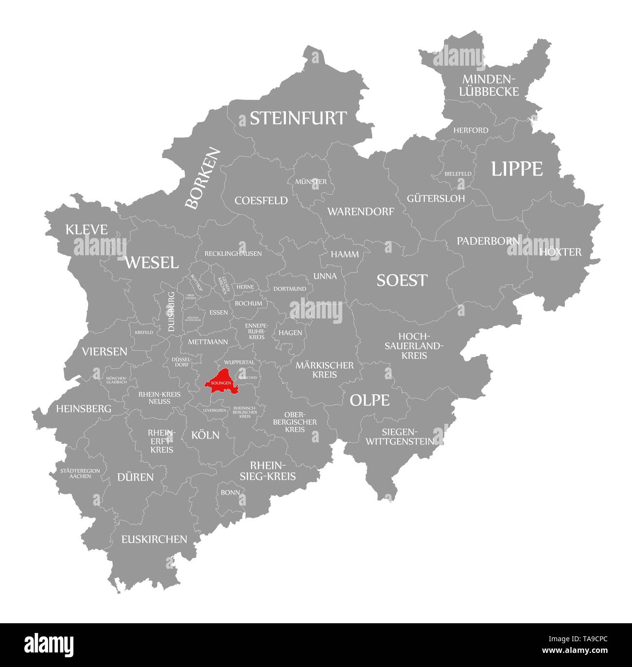 Solingen red highlighted in map of North Rhine Westphalia DE Stock ...