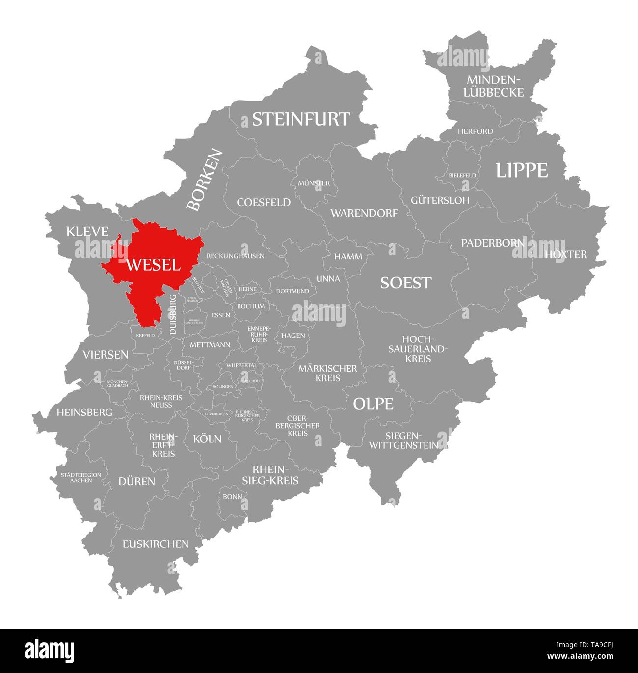 Wesel red highlighted in map of North Rhine Westphalia DE Stock Photo ...