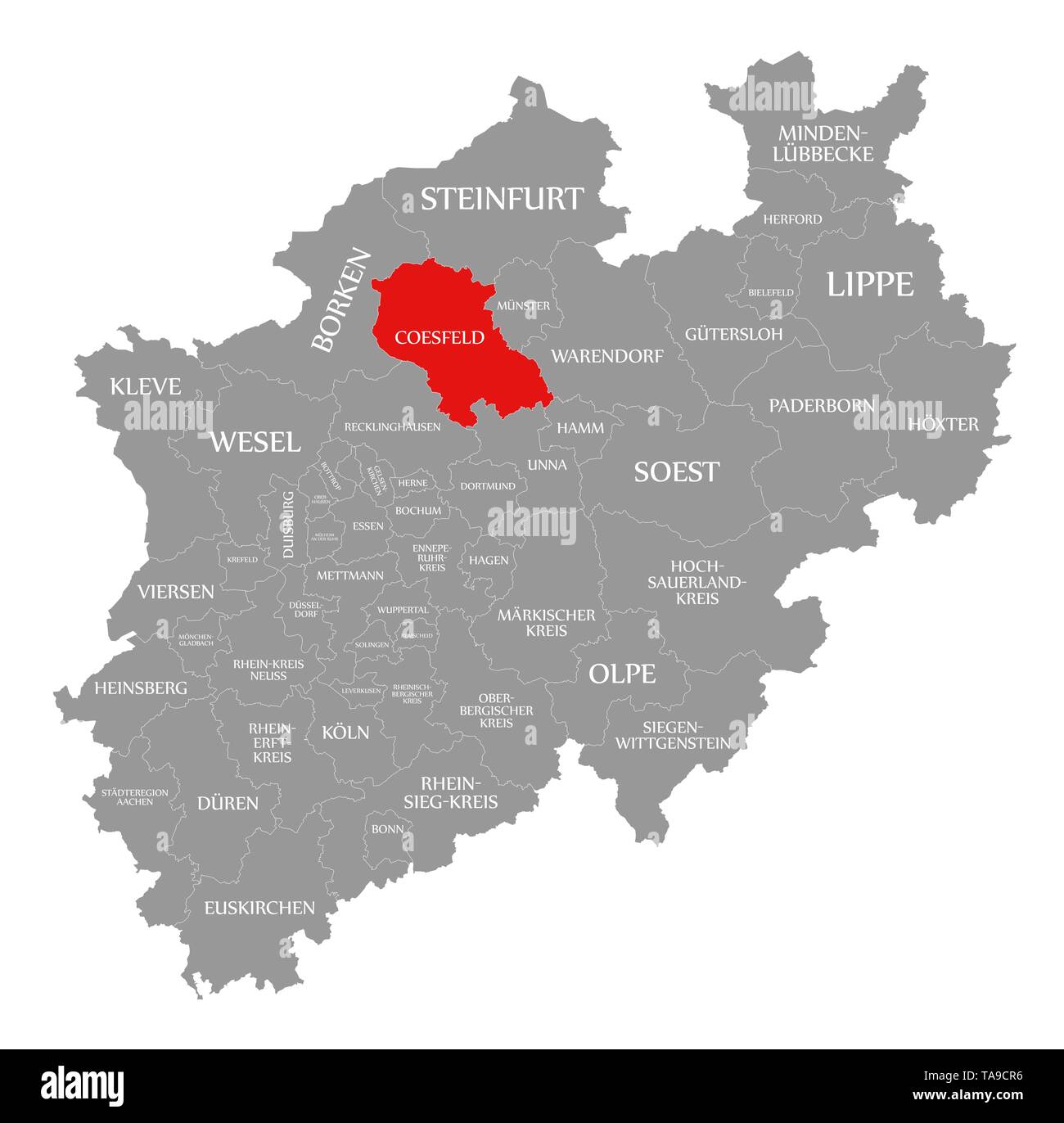 Coesfeld red highlighted in map of North Rhine Westphalia DE Stock ...