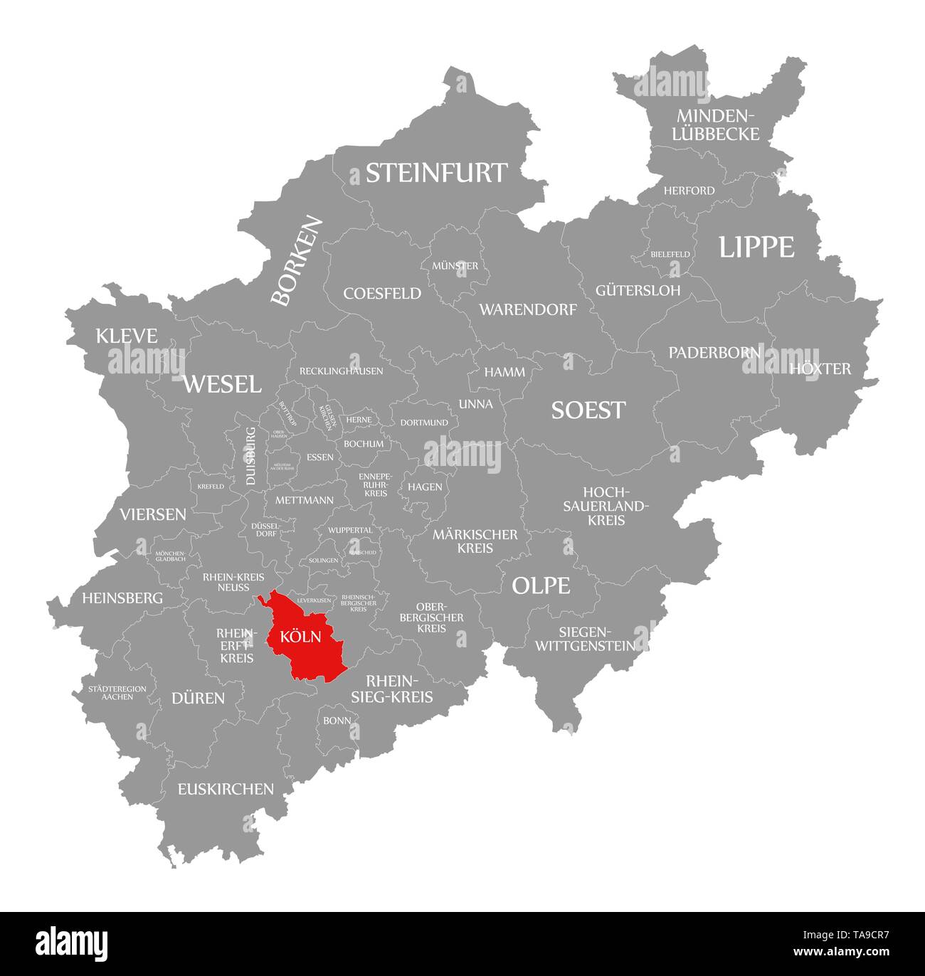 Cologne red highlighted in map of North Rhine Westphalia DE Stock Photo ...