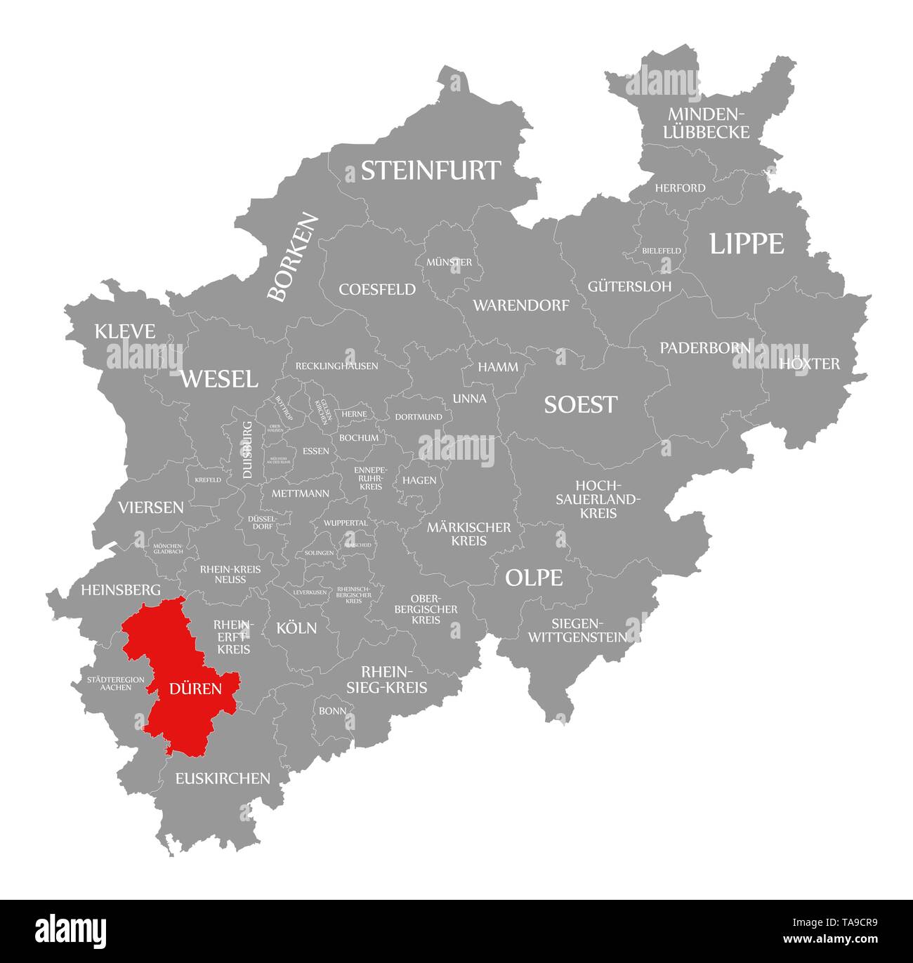 Dueren red highlighted in map of North Rhine Westphalia DE Stock Photo ...
