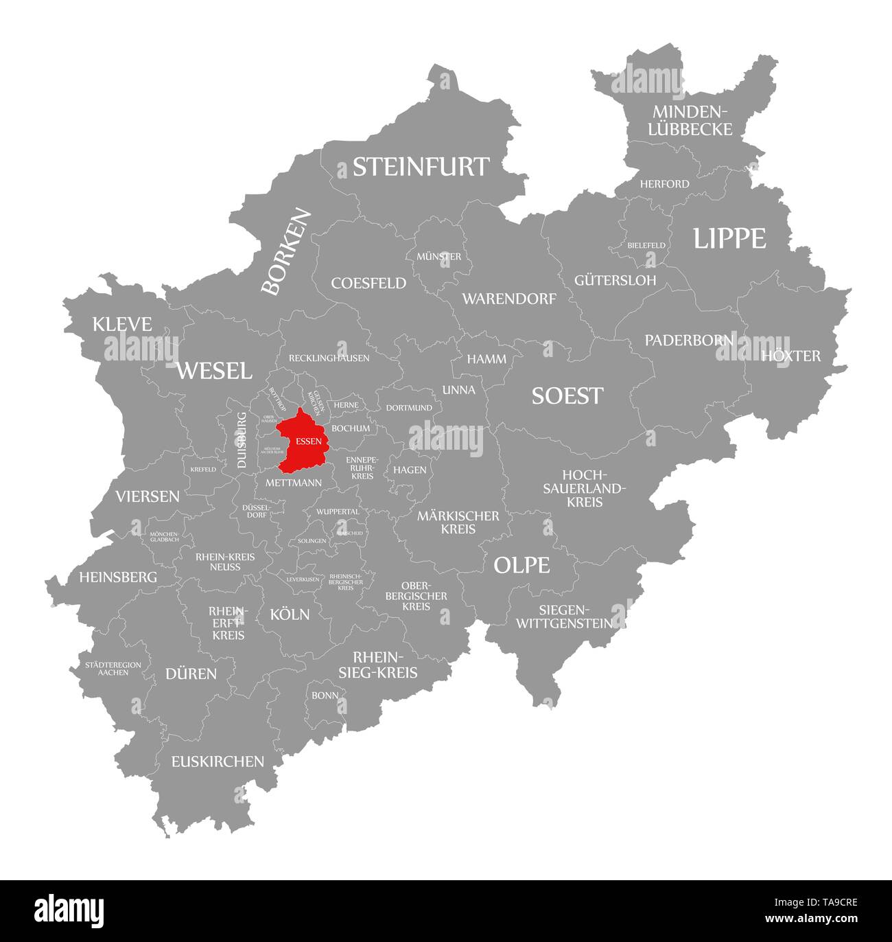 Essen red highlighted in map of North Rhine Westphalia DE Stock Photo ...