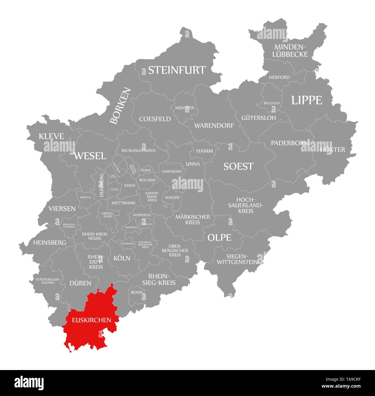 Euskirchen red highlighted in map of North Rhine Westphalia DE Stock ...