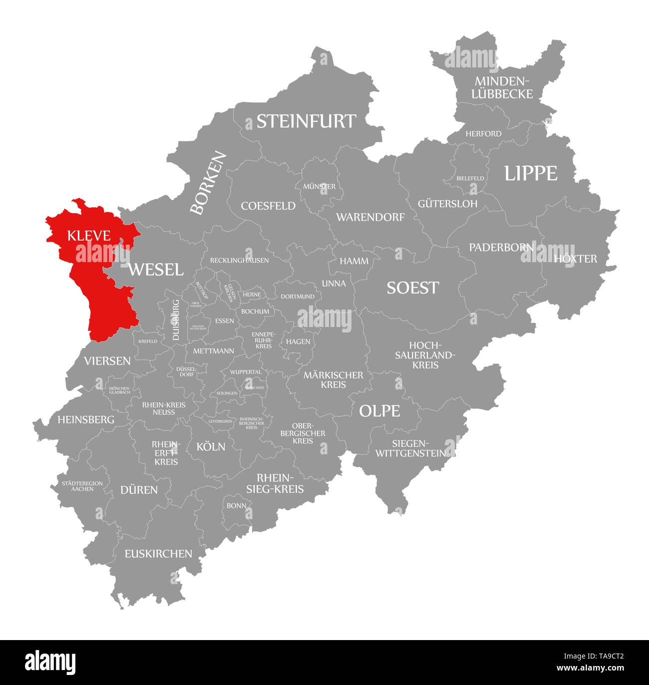 Kleve red highlighted in map of North Rhine Westphalia DE Stock Photo ...