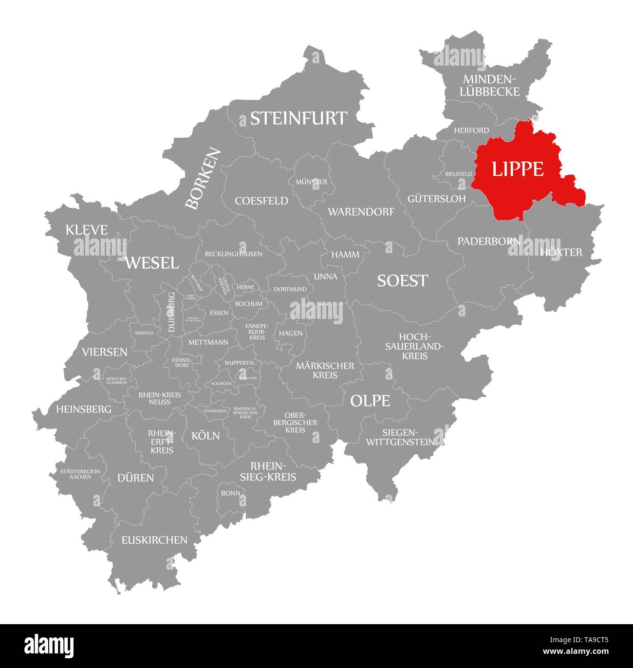 Lippe red highlighted in map of North Rhine Westphalia DE Stock Photo ...
