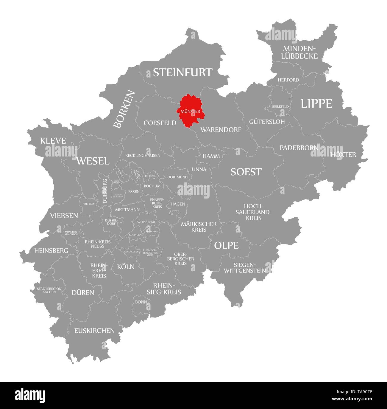 Muenster red highlighted in map of North Rhine Westphalia DE Stock ...