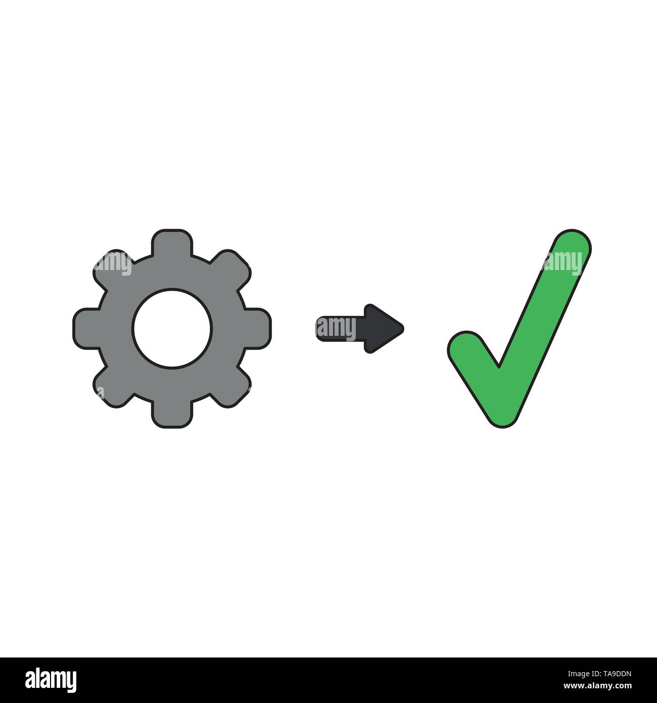 Vector icon concept of grey gear with green check mark. Black outlines ...