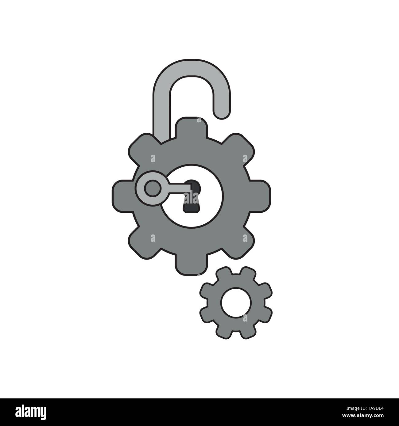 Vector icon concept of grey gears with padlock, keyhole and key unlock ...