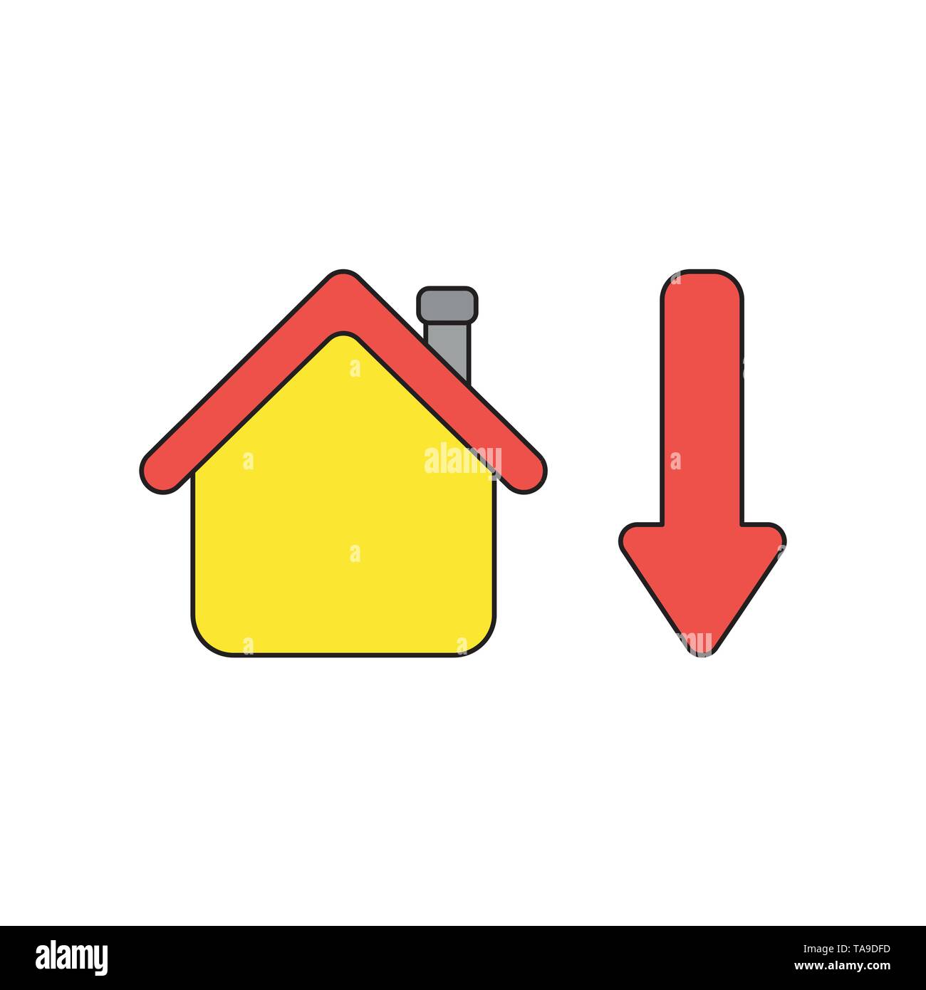 Vector icon concept of house with arrow moving down. Black outlines and ...