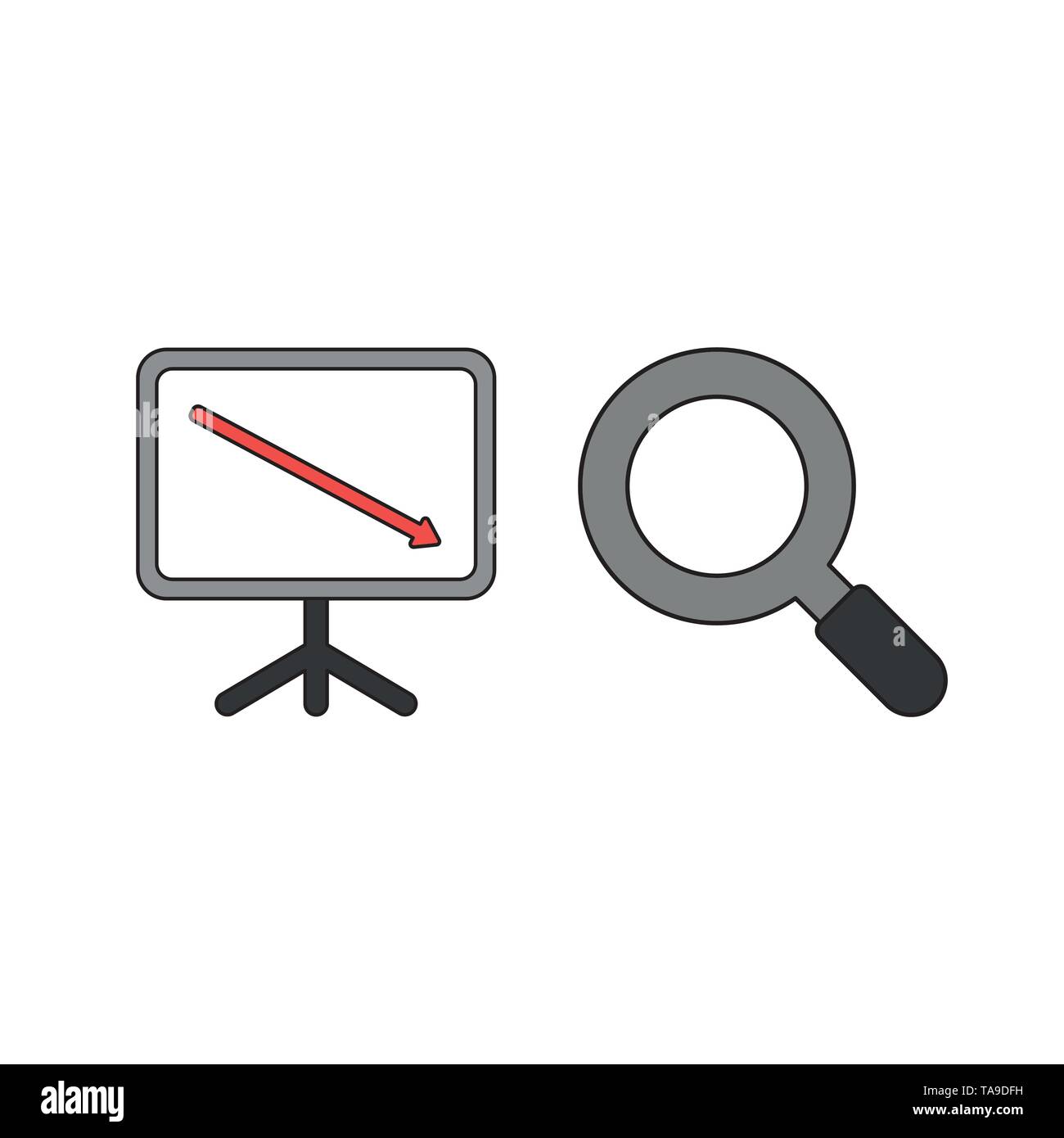 Vector icon concept of sales chart arrow moving down with magnifying ...