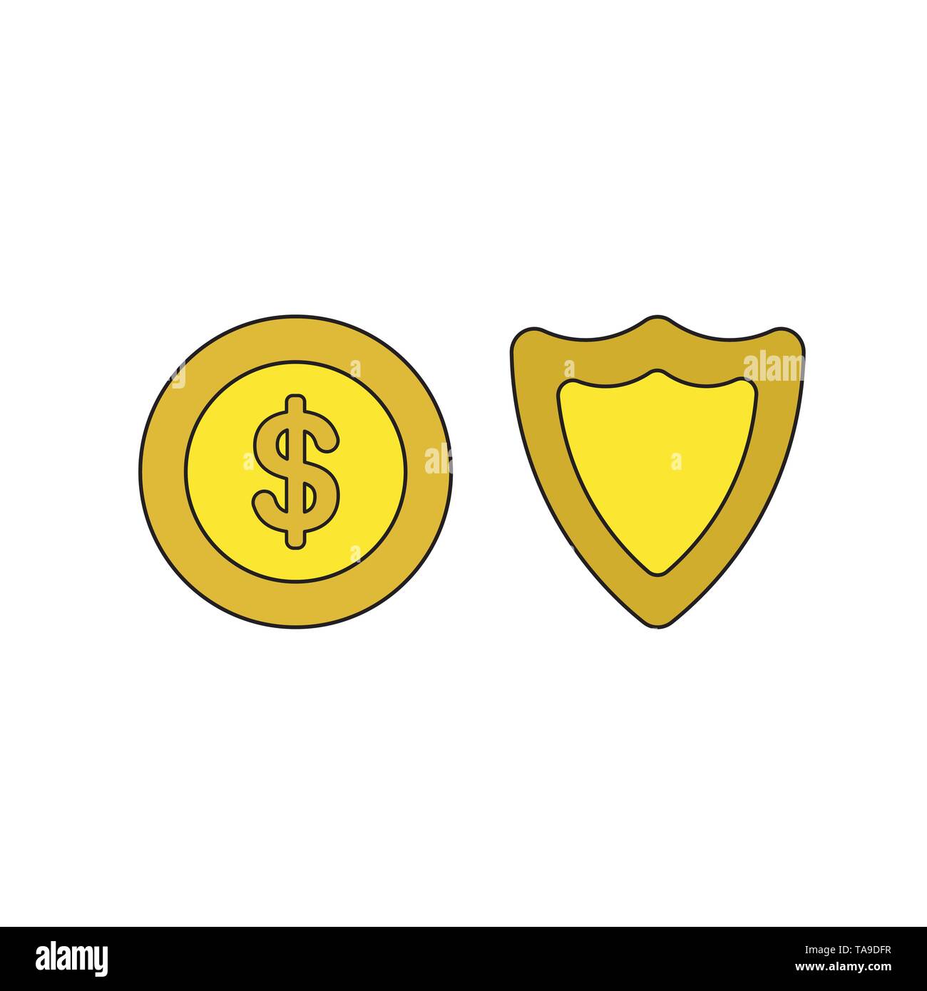 Vector icon concept of dollar coin with guard shield. Black outlines ...