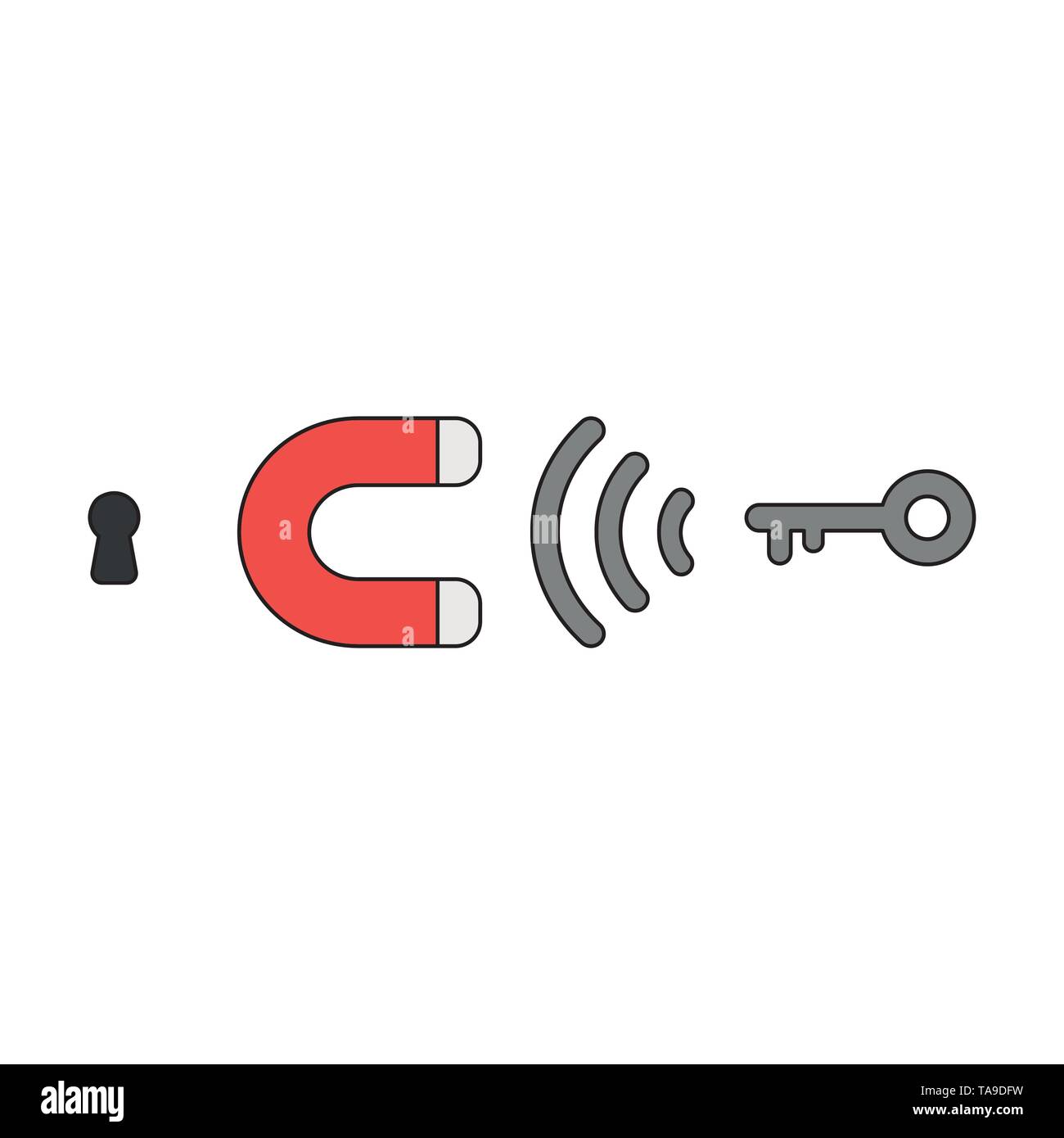 Vector icon concept of magnet attracting key to keyhole. Black outlines ...