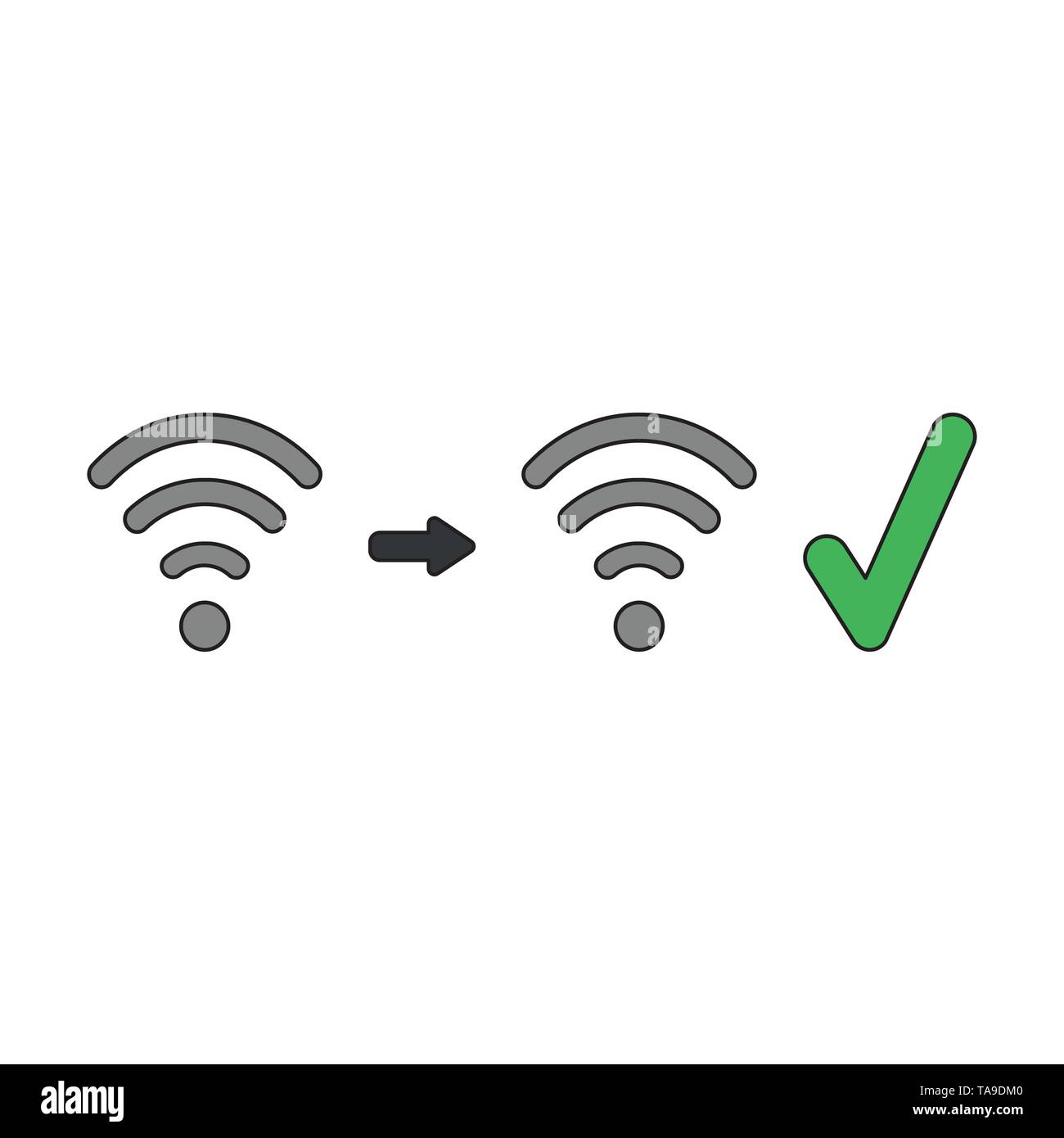 Vector icon concept of wireless wifi symbol signal increase with check ...