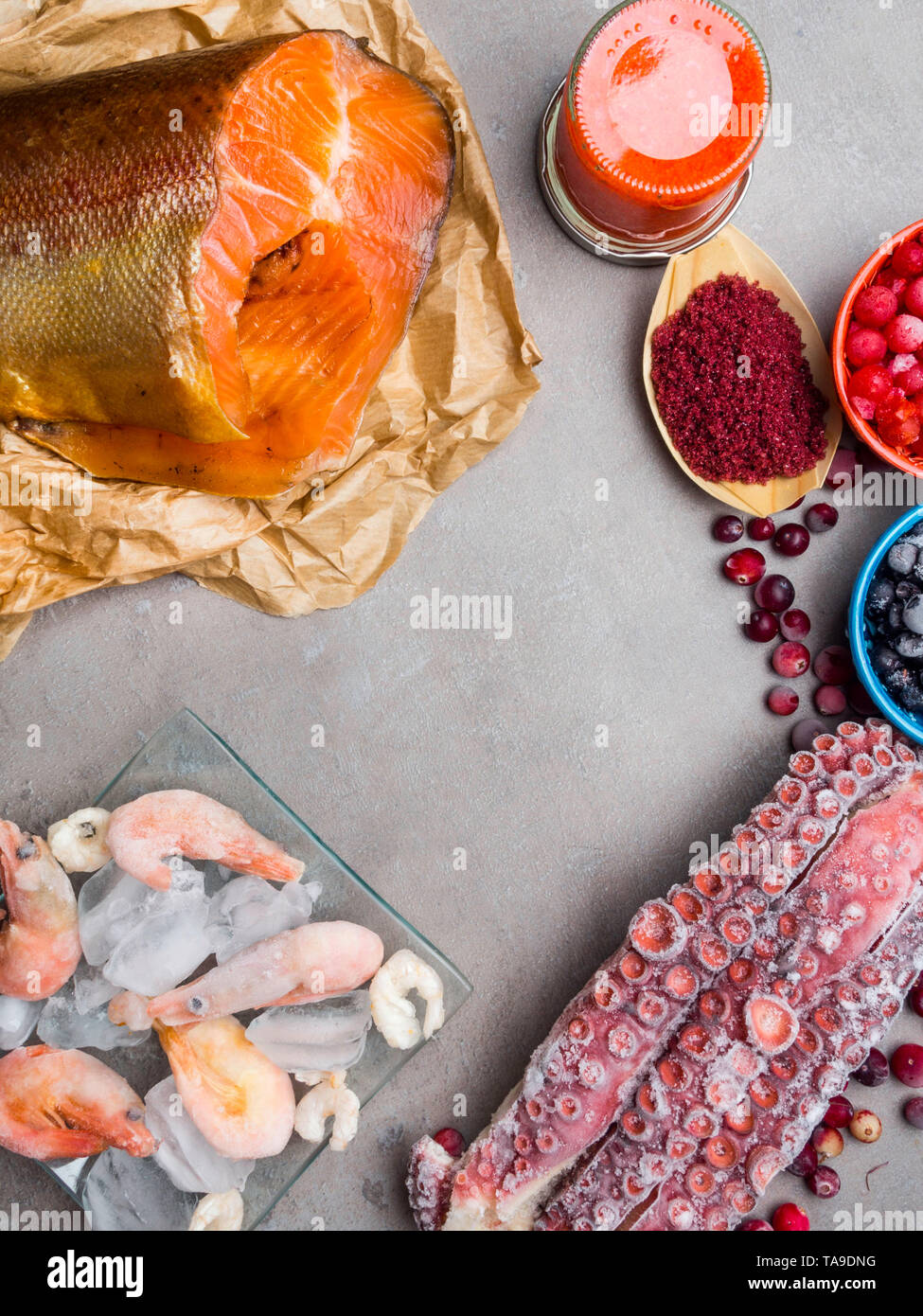 astaxanthin, omega 3, iodine rich food as shrimps, red fish salmon ...