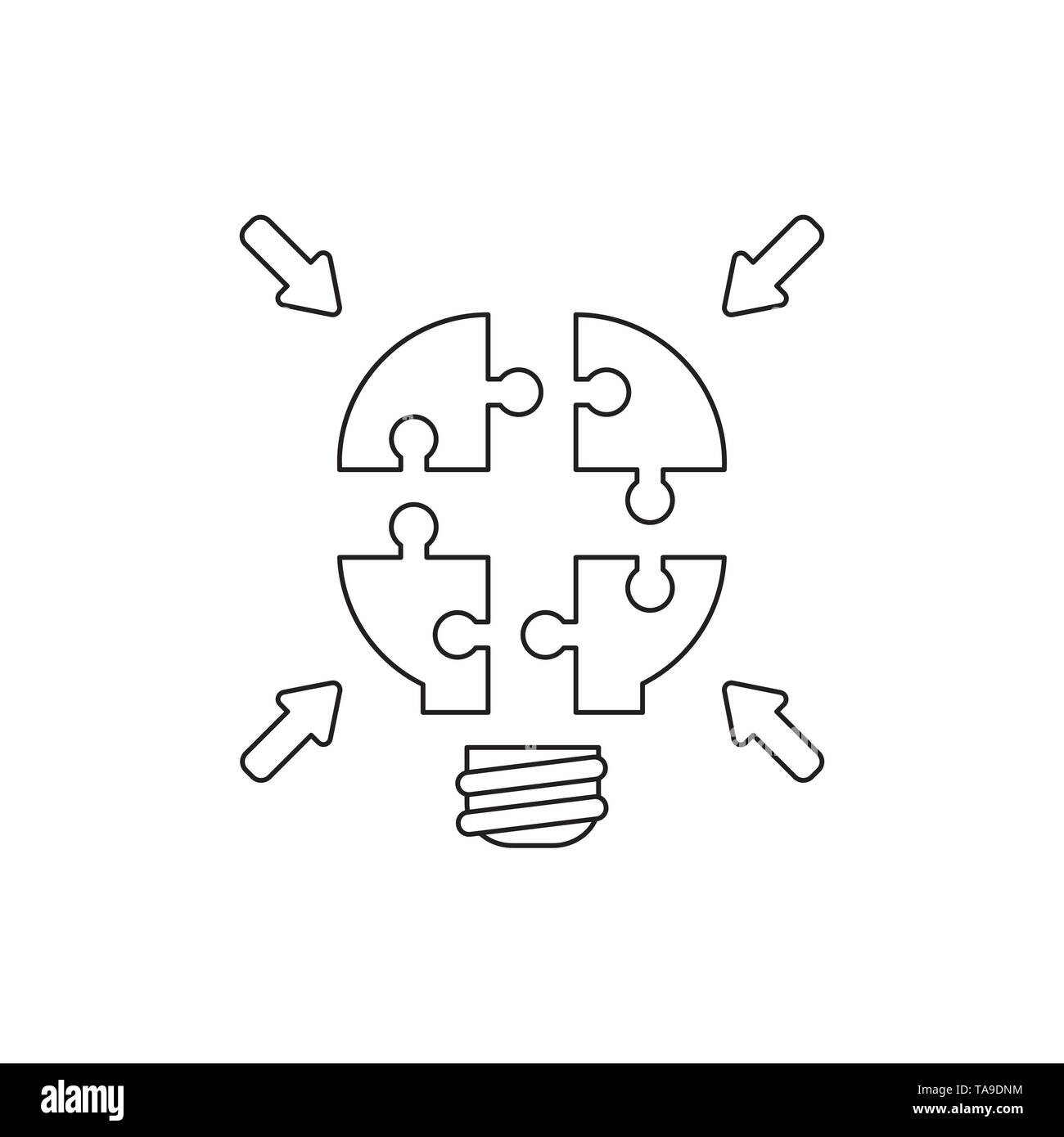 Vector icon concept of four light bulb puzzle pieces. Black outlines ...