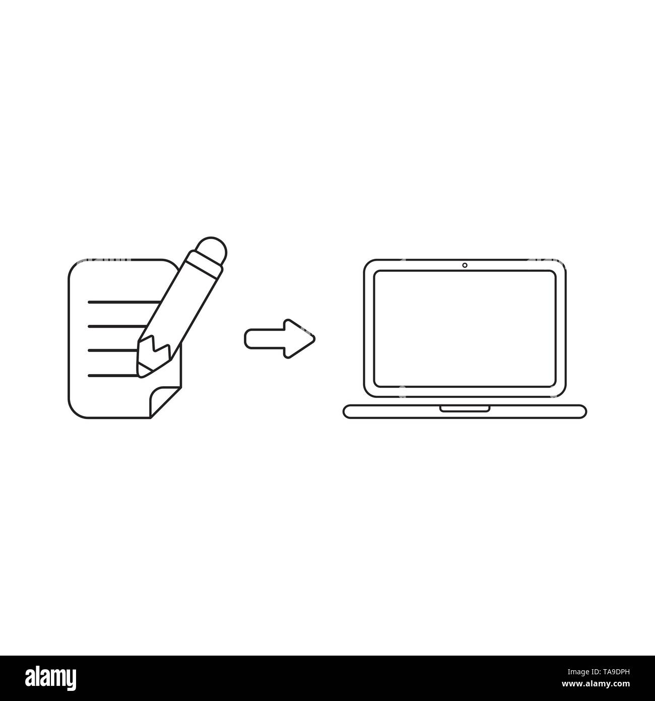 Vector icon concept of pencil writing on paper with laptop. Black ...