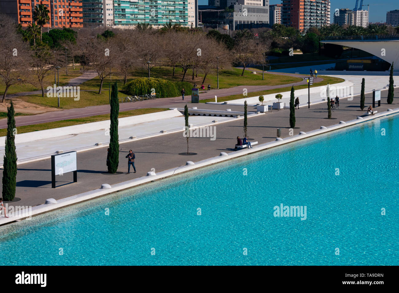 Valencia, Spain. February 6, 2019. Light blue water pools. City of Arts ...