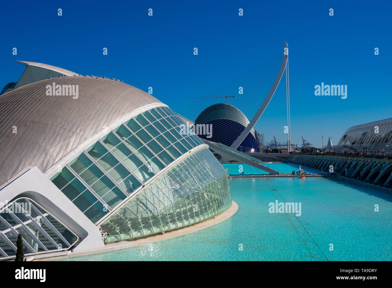 Valencia, Spain. February 6, 2019. Hemisferic building, bridge and The ...