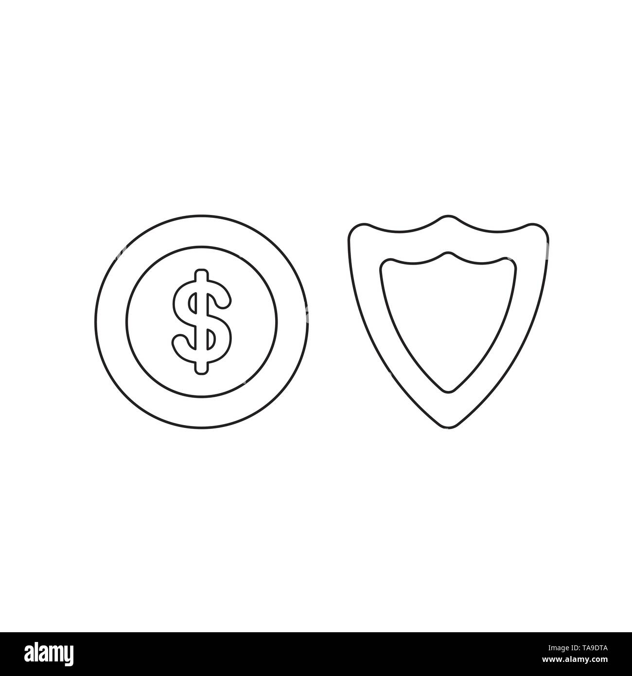 Vector icon concept of dollar coin with shield. Black outlines Stock ...