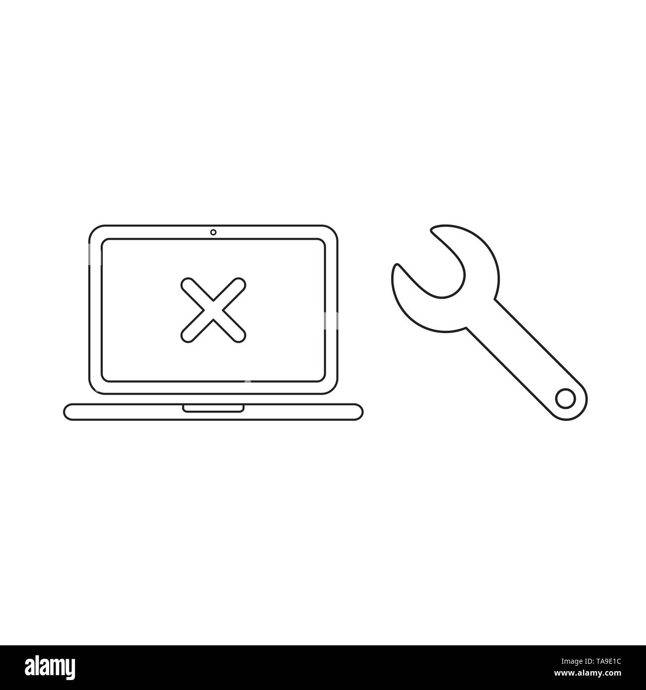 Vector icon concept of x mark inside laptop with spanner. Black ...