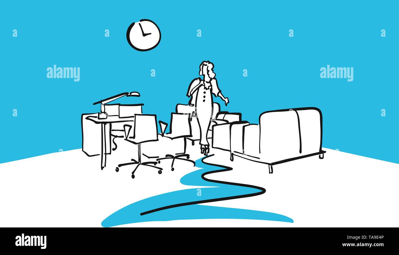 Office interior drawing with woman and blue background. Hand drawn ...
