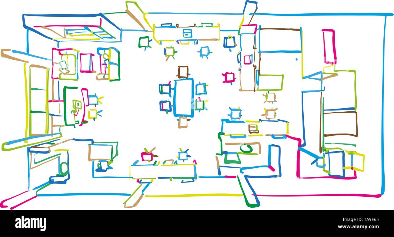 Office floorplan drawing top view. Hand drawn vector art for ...
