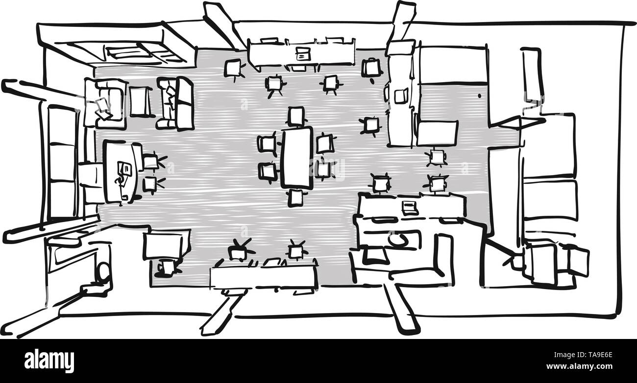 Office planning concept from top. Hand drawn vector art for ...