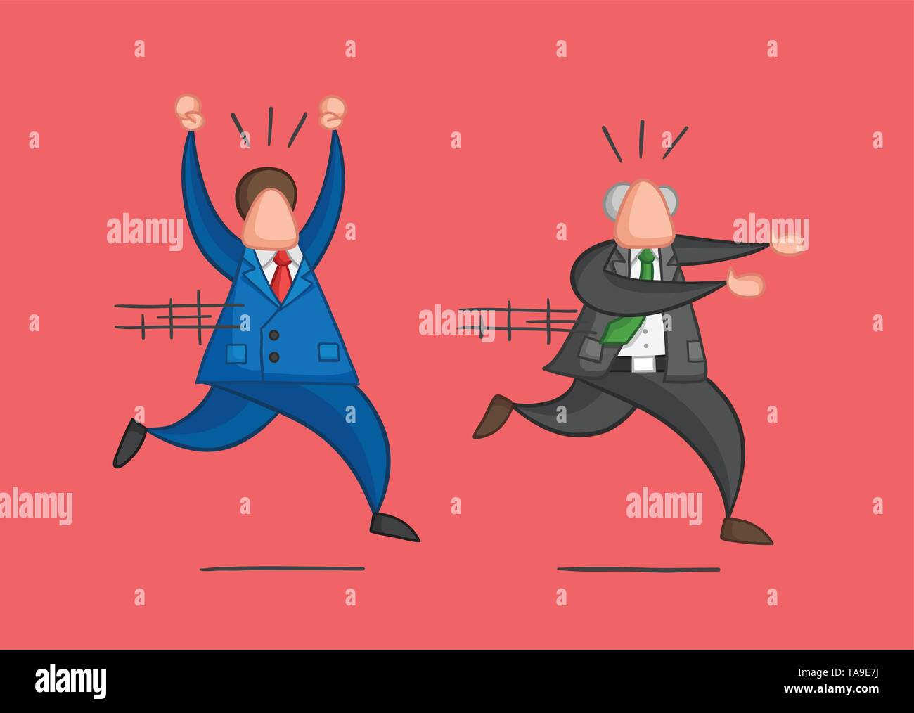 Hand-drawn vector illustration boss runs away from angry businessman ...