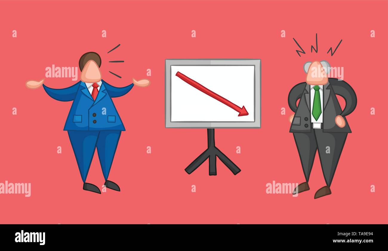 Hand-drawn vector illustration businessman worker showing sales chart ...