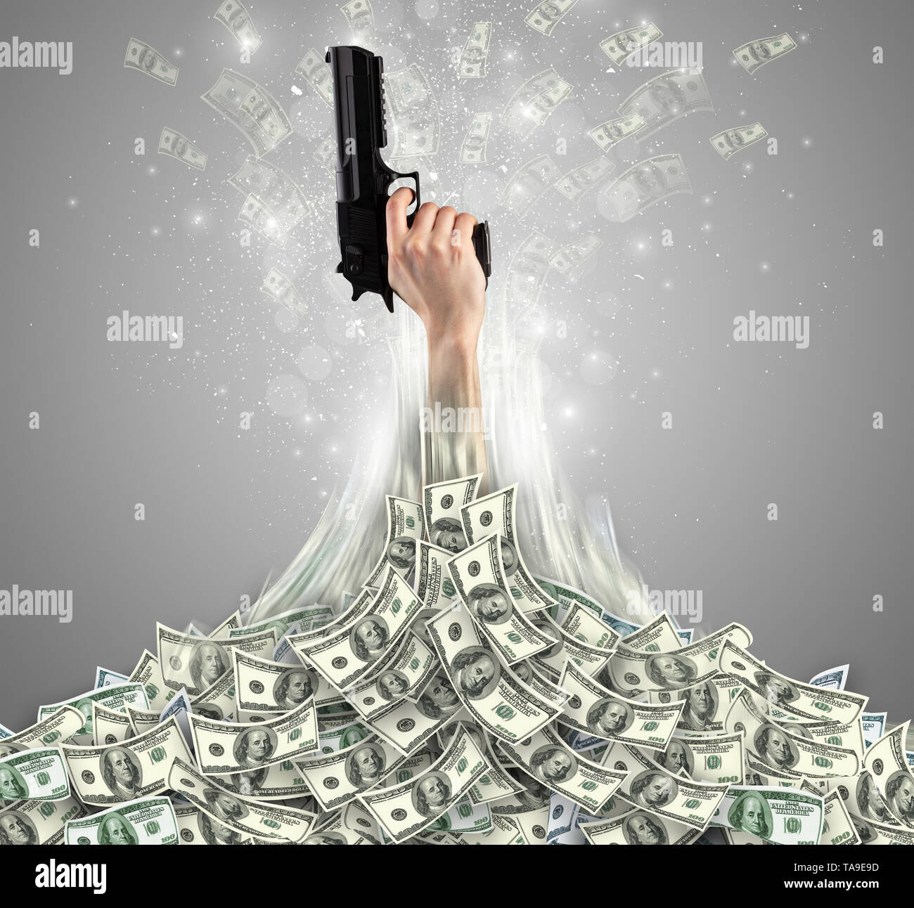 Hand bursting out from a huge money pile Stock Photo - Alamy