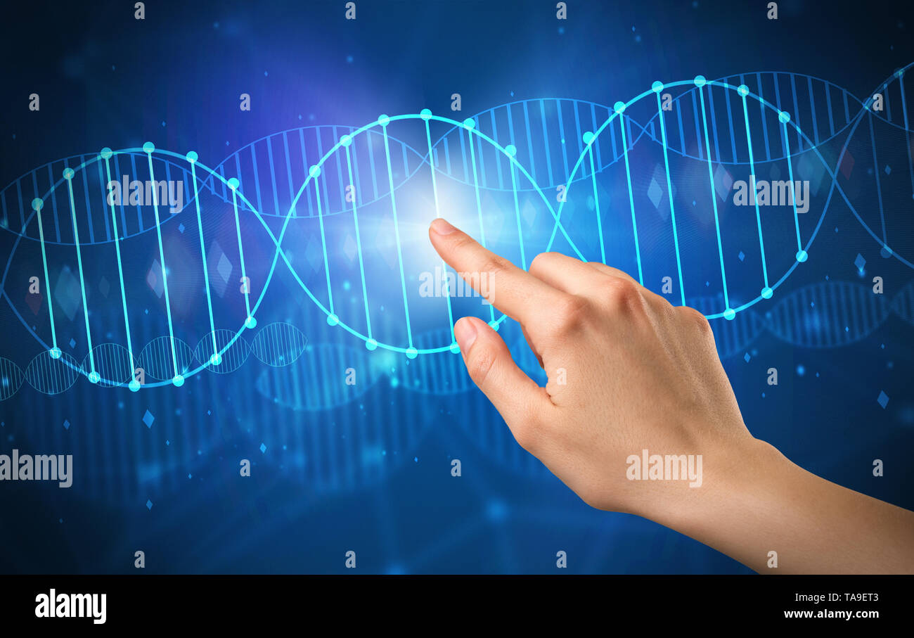Female hand touching DNA molecule with blue background Stock Photo - Alamy