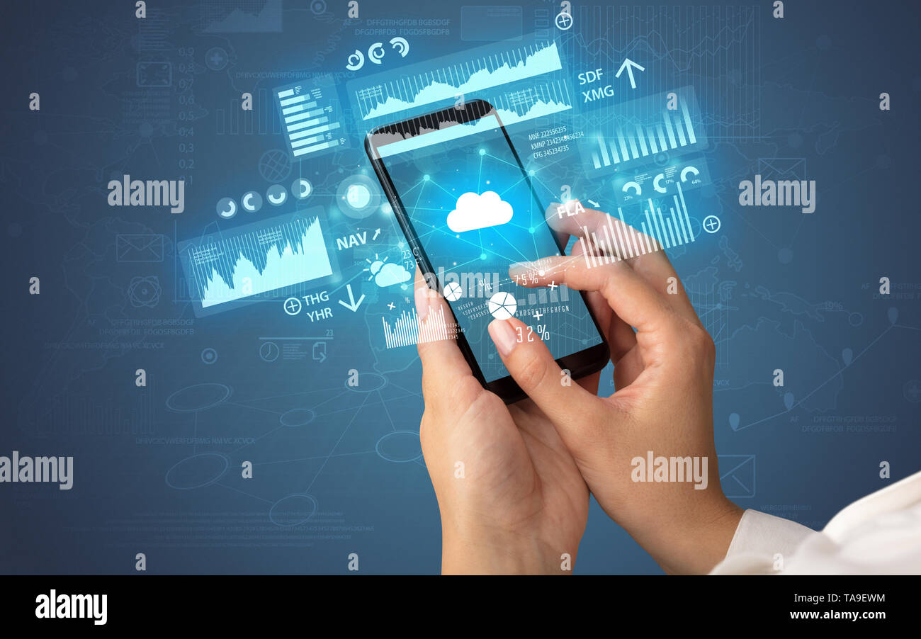 Female hand using smartphone with financial tracking concept ...