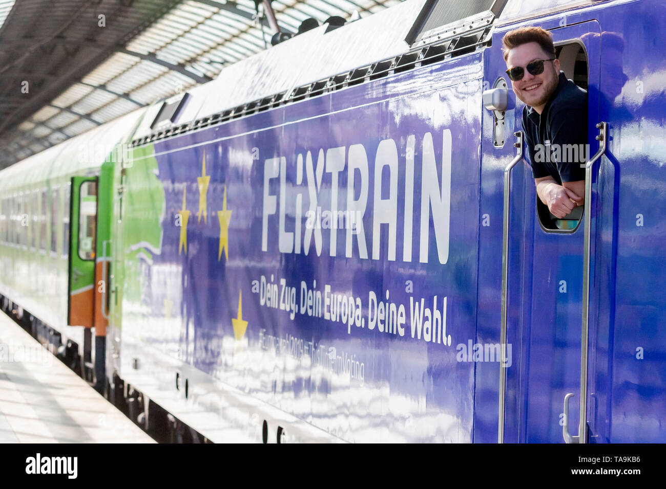 Cologne, Germany. 23rd May, 2019. Jannick Dahm, train driver, looks out ...