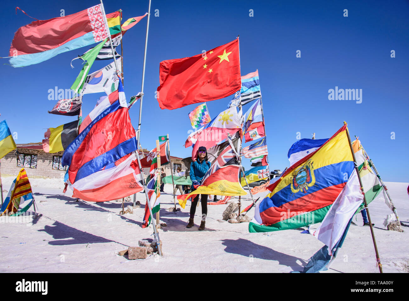 Flags on the vast salt flats of Salar de Uyuni, Bolivia Stock Photo - Alamy