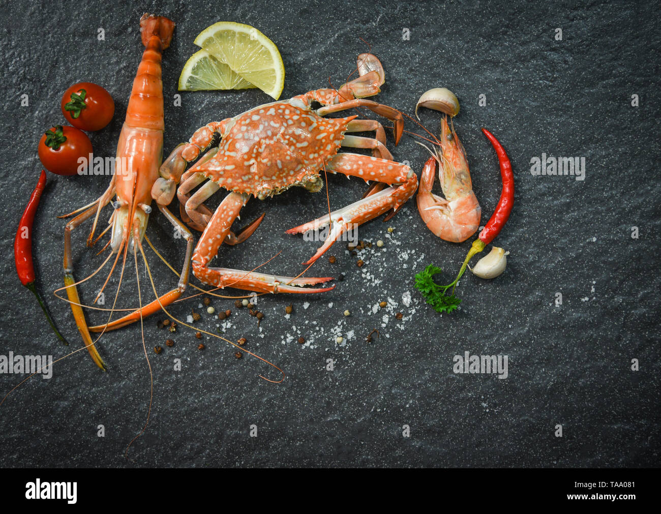 Shellfish seafood plate with shrimps prawns crab ocean gourmet dinner ...